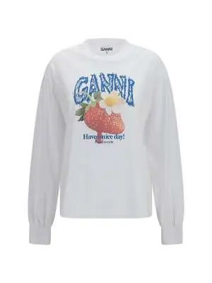 GANNI Strawberry Graphic Long Sleeve Cotton T-shirt - White