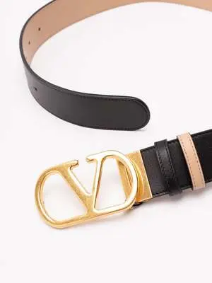 Valentino Garavani Reversible Leather Belt With Gold Tone "v" Logo Buckle - Multicolor
