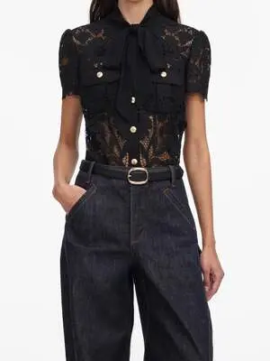 SELF-PORTRAIT Lace Tie Neck Top