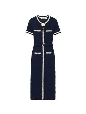 SELF-PORTRAIT SELF-PORTRAIT Navy Cotton Knit Dress With Bow Detail And Pearl Embellished Buckle Multicolor
