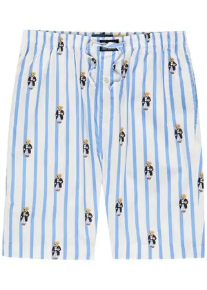 Polo Ralph Lauren Striped Cotton Poplin Sleep Shorts With Bear Print - Blue