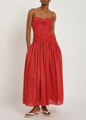 Matteau Polka Dot Gathered Cotton-blend Midi Dress - Red