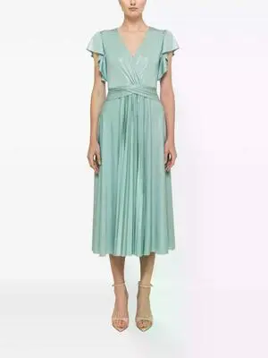 NISSA Glossy Effect Ruffled Midi Dress - Green