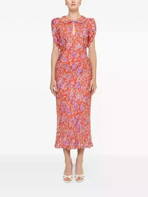NISSA Floral Print Peter Pan Collar Midi Dress - Red