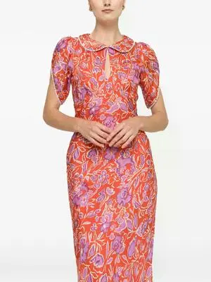 NISSA Floral Print Peter Pan Collar Midi Dress - Red