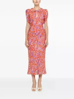 NISSA Floral Print Peter Pan Collar Midi Dress - Red