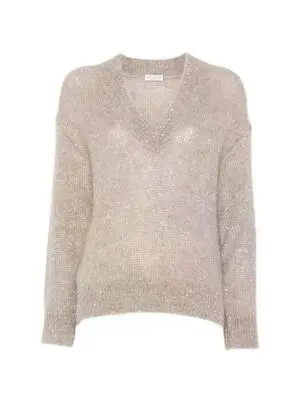 Brunello Cucinelli Sequin Embellished V-neck Sweater - Neutrals