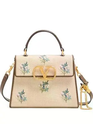 Valentino Garavani Vsling Small Handbag In Linen With Embroidery - Neutrals