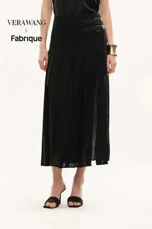 Fabrique Citadel Leather Tabs Side-slit Pleated Midi Skirt - Black