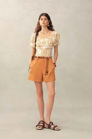 Fabrique Winnie Floral Embroidery Ruched Puff Sleeve Top - Multicolor