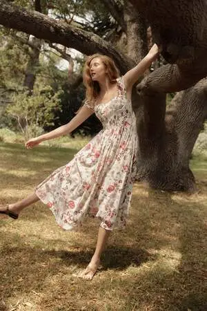 Fabrique Ria Smocked Pomegranate Print Linen Blend Strap Dress - Multicolor
