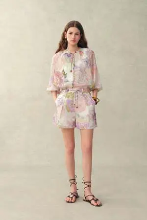 Fabrique Handpainted Floral Print Sheer Beaded Puff Sleeve Blouse And Shorts Set - Multicolor