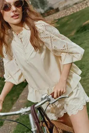 Fabrique Nina Openwork Embroidery Cotton Jacquard Blouse - Yellow