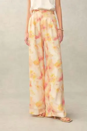 Fabrique Bella Handpainted Floral Silk Double Crepe Wide Leg Pants - Multicolor
