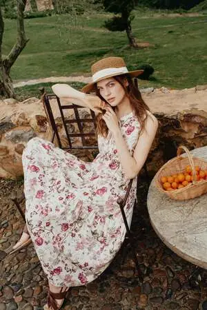 Fabrique Liana Printed Pomegranate Floral Tiered Maxi Dress - Multicolor