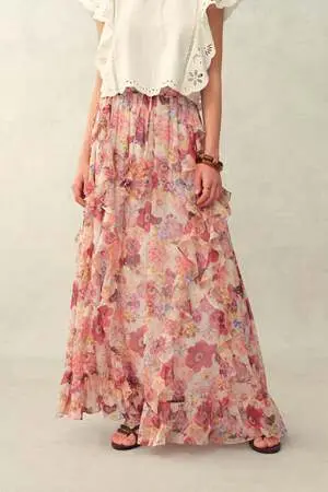 Fabrique Amélie Hand-painted Floral Print Tiered Ruffle Maxi Skirt