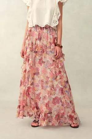 Fabrique Amélie Hand-painted Floral Print Tiered Ruffle Maxi Skirt