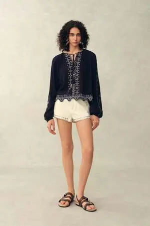 Fabrique Blair Boho Embroidered Sheer Lace Puff Sleeve Blouse - Blue