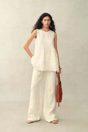 Fabrique Sleeveless Lily-of-the-valley Lace Silk Linen Blend Top And Pants Set - White