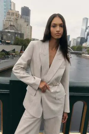 Fabrique Charlie Double-belt Asymmetric Blazer In Cotton Linen