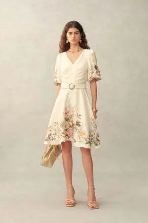 Fabrique Handpainted Floral Belted Puff Sleeve Dress - White