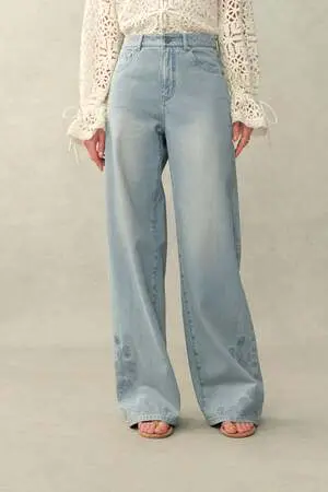Fabrique Berthe Embossed Flowers Straight Leg Jeans - Blue