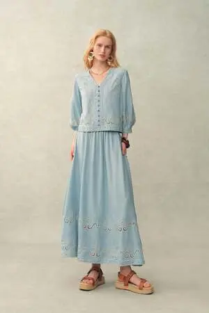 Fabrique Embroidered Tencel Denim Blouse And Skirt Set - Blue