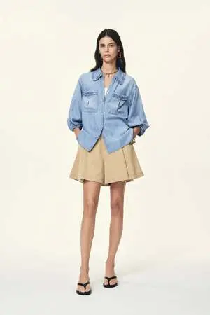 FABRIQUE Fabrique Lyocell Denim Shirt With Ruffle Trim And Puff Sleeves