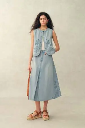 Fabrique Embossed Flowers Sleeveless Top And Skirt Matching Set In Cotton Denim - Blue