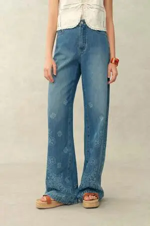 Fabrique Echoes Hand-painted Paisley Wide-leg Jeans