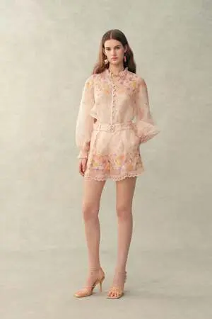 Fabrique Lillian Handpainted Floral Sheer Silk-linen Organza Blouse And Shorts Set - Orange