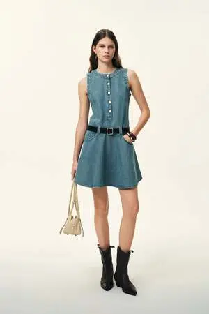 Fabrique Sleeveless Belted Denim Dress - Blue
