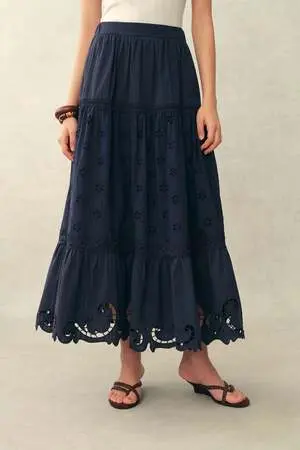 Fabrique Cotton Jacquard Maxi Skirt With Cutwork Embroidery And Lace - Blue