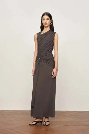 Fabrique Asymmetric Draped Sleeveless Maxi Dress In Wool Blend Knit - Grey