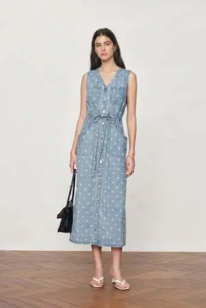 Fabrique Sleeveless Polka Dot Denim Midi Dress - Blue