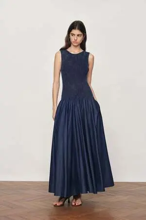 Fabrique Sleeveless Panel Dress In Cotton Knit And Tencel Denim - Blue