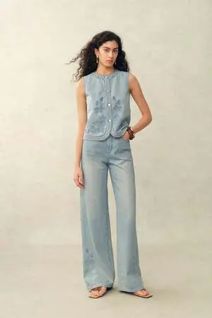 Fabrique Sleeveless Round Neck Top And Wide Leg Jeans Matching Set - Blue