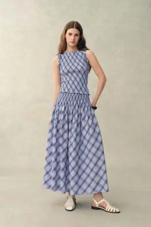Fabrique Crystal Handworked Sleeveless Plaid Stretch Bubble Cotton Top And Skirt Set - Blue