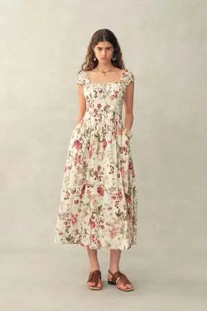 Fabrique Rosalina Smocked Pomegranate Print Linen Blend Dress - Multicolor