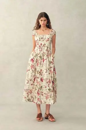 Fabrique Rosalina Smocked Pomegranate Print Linen Blend Dress - Multicolor