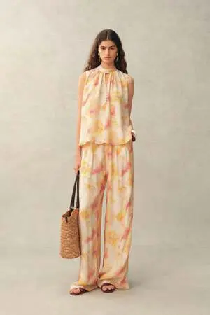 Fabrique Charlotte Handpainted Floral Silk Double Crepe Sleeveless Blouse And Pants Set - Multicolor