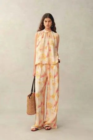 Fabrique Charlotte Handpainted Floral Silk Double Crepe Sleeveless Blouse And Pants Set - Multicolor
