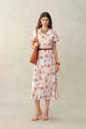Fabrique Handpainted Floral Puff Sleeve Midi Dress