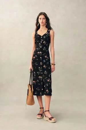 Fabrique Sleeveless V-neck Floral Midi Dress With Scalloped Trim - Black