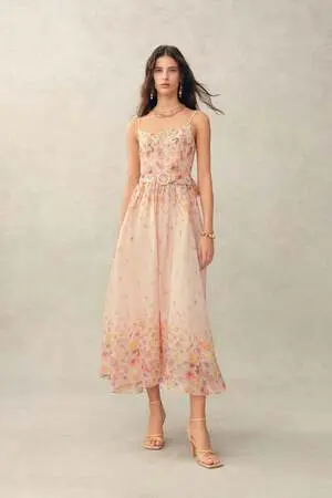 Fabrique Handpainted Floral Silk Linen Organza Smocked Belted Strap Dress - Multicolor
