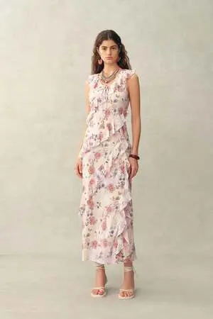 Fabrique Alice Handpainted Floral Bias Cut Ruffled Maxi Dress - Multicolor