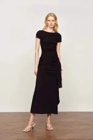 Fabrique Sculptural Ruched Boatneck Dress In Tencel-merino Blend - Red