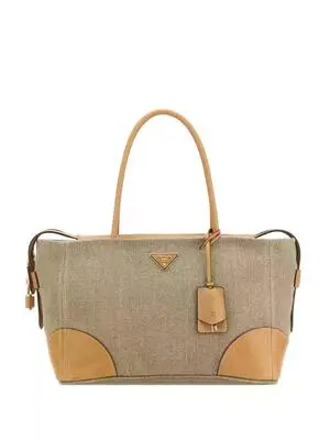 Prada Large Canvas Tote Bag With Leather Trim