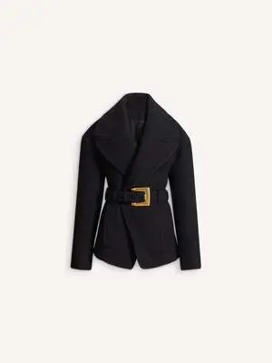 Balmain Belted Wool Pea Coat - Black