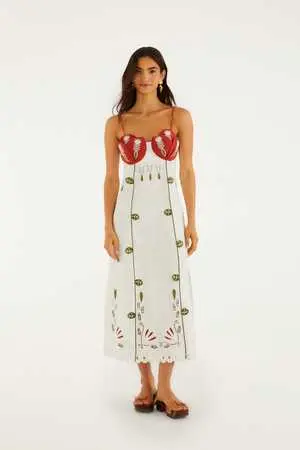 FARM RIO VICKY MONTANARI Farm Rio Tulip Richelieu Embroidered Midi Dress - Off-white